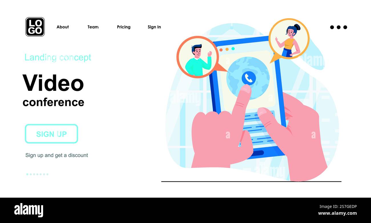 Video conference web concept. Man calls his friends or colleagues in ...