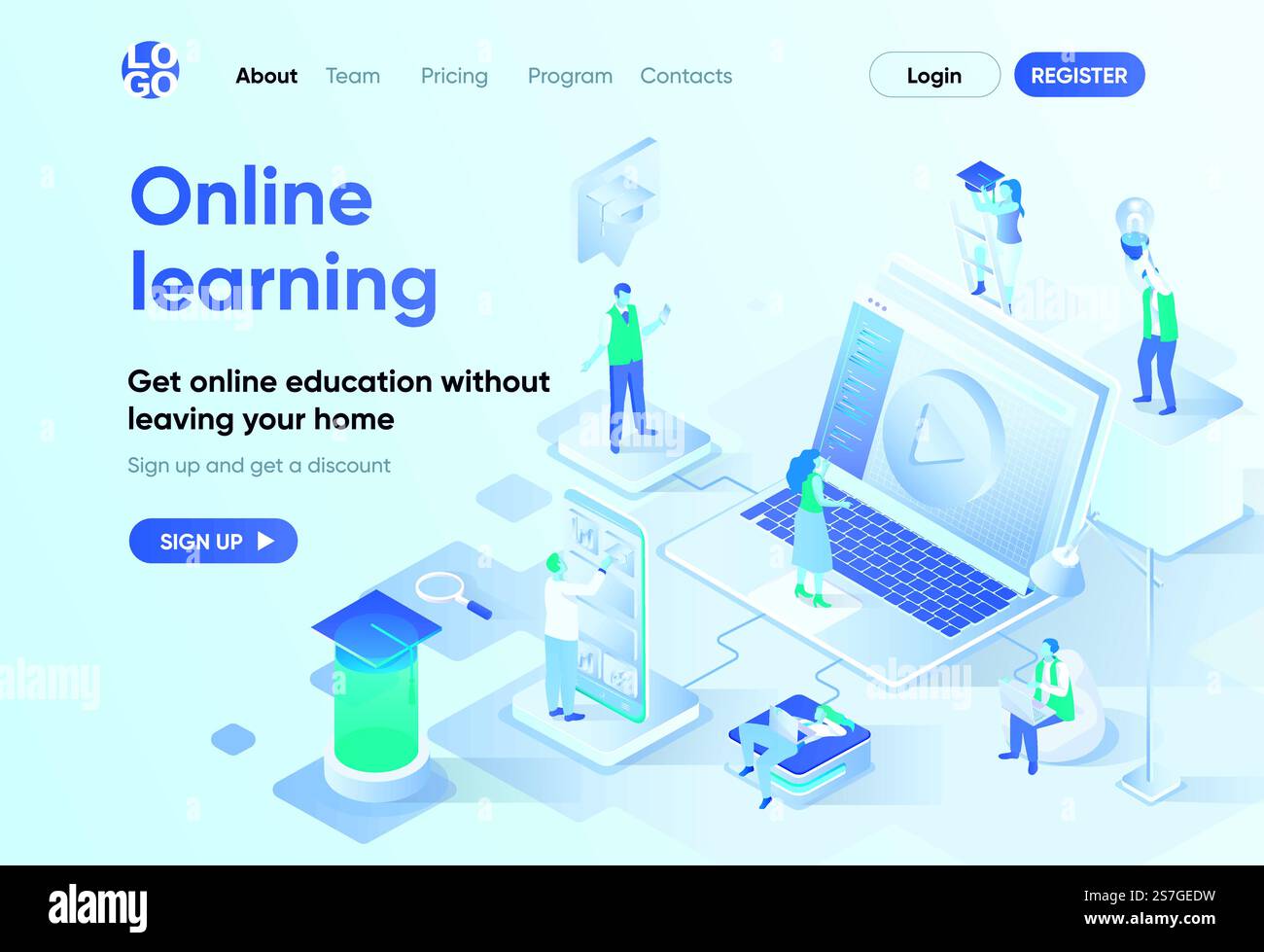 Online learning isometric landing page. Distance education ...