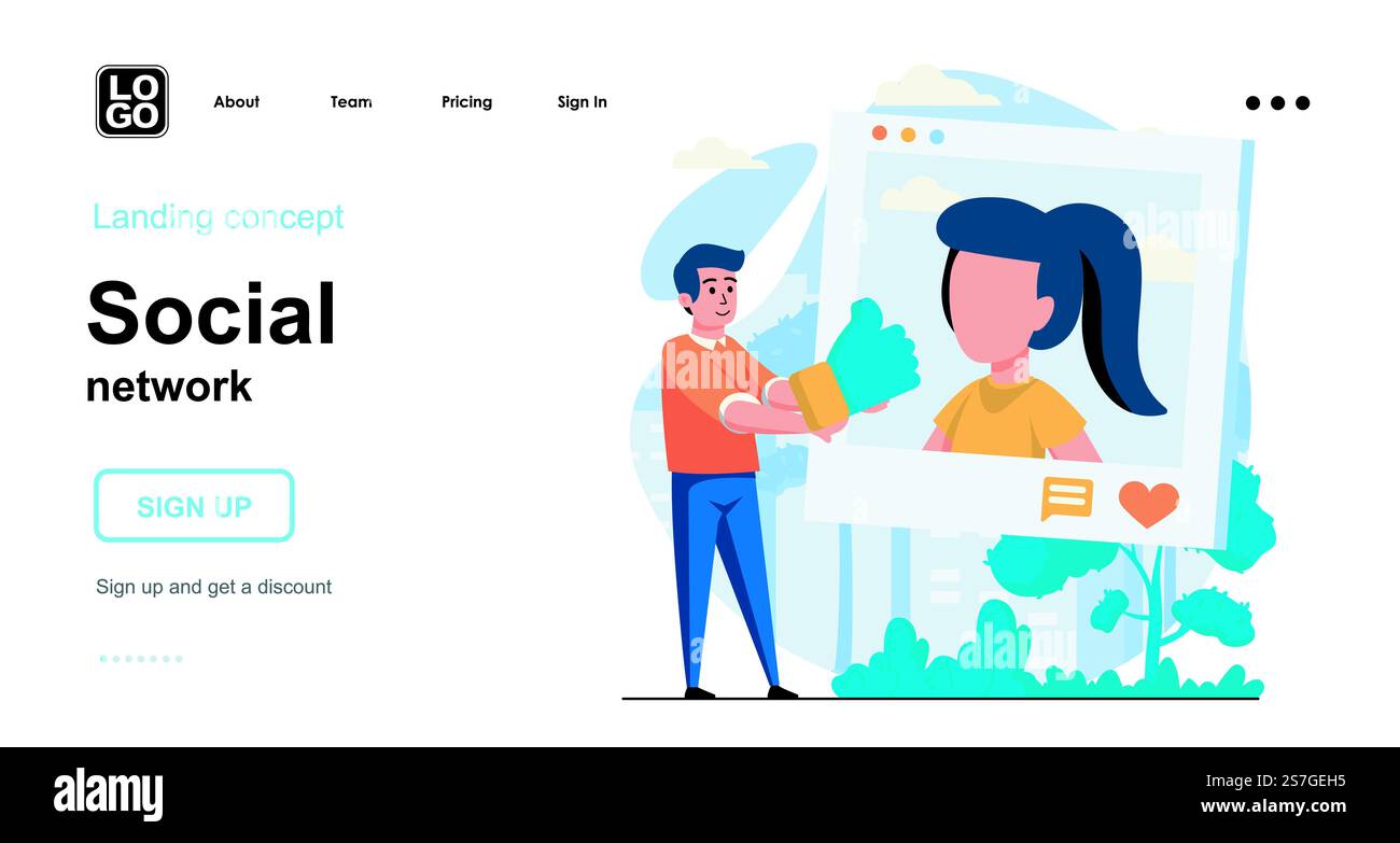 Social network web concept. Man likes woman photo published on Internet, global communication ...