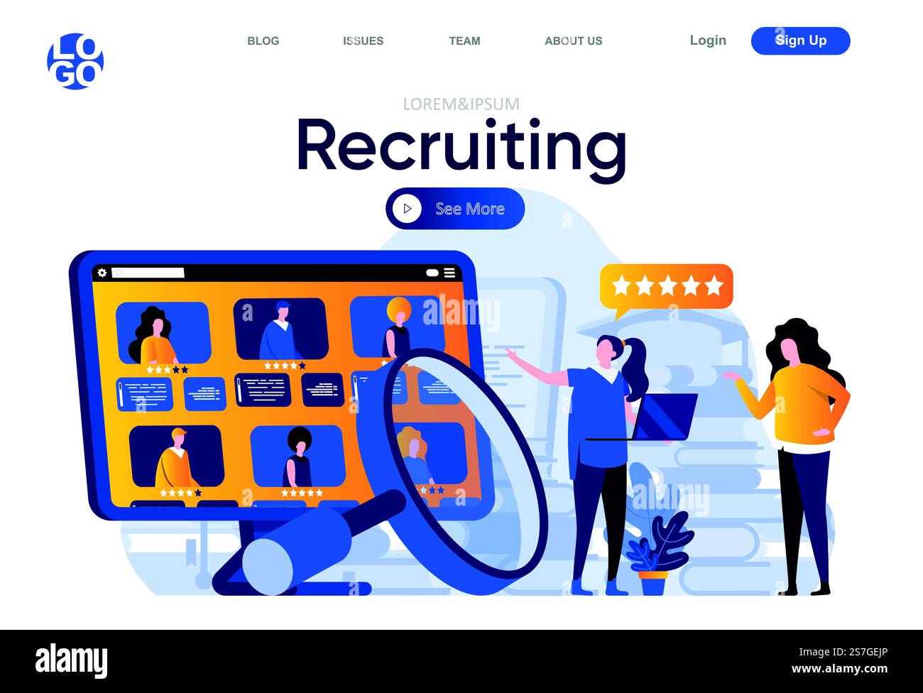 Recruiting flat landing page. HR manager carefully studying resumes of ...