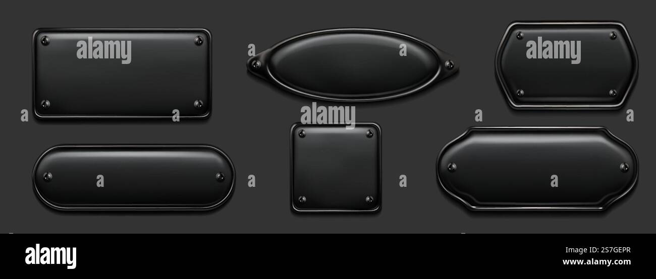 Metal plate. Black rivet button, steel game sign or square border ...