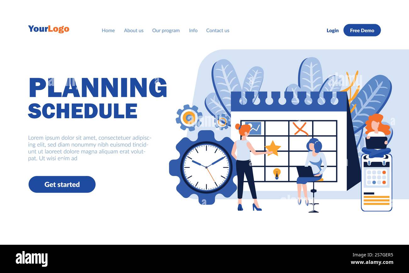 Planning schedule flat landing page template with header. Work time use ...