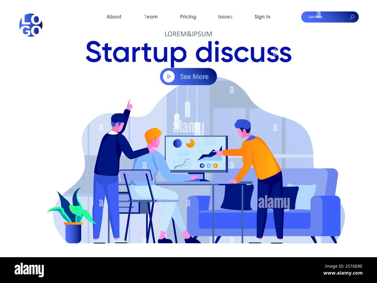 Startup discuss landing page with header. Partners discussing project, startup team ...