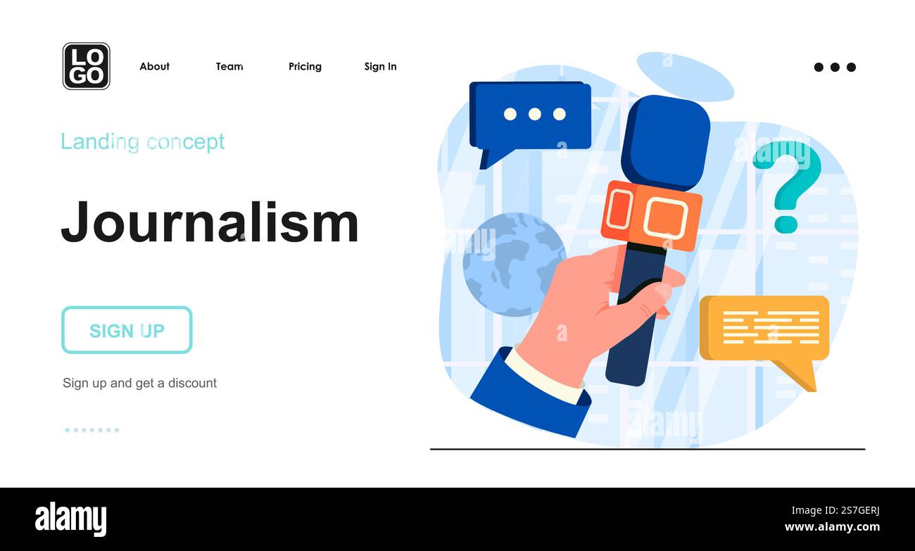 Journalism web concept. Journalist hand holds microphone. News program ...