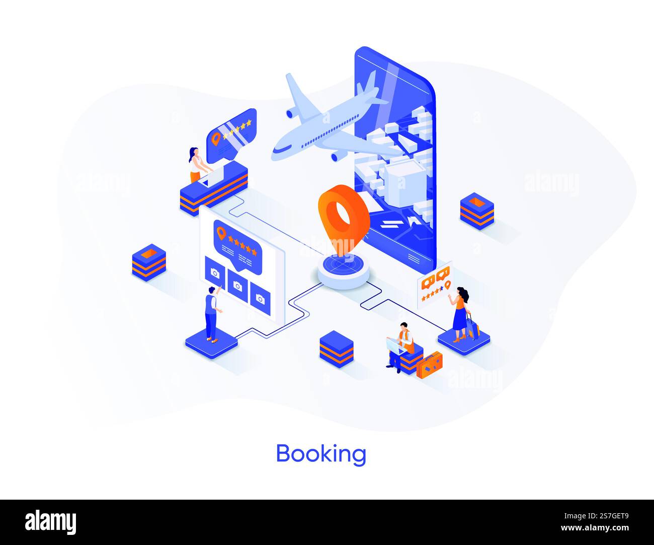 Flight booking isometric web banner. Airline tickets reservation isometry concept. Mobile ...