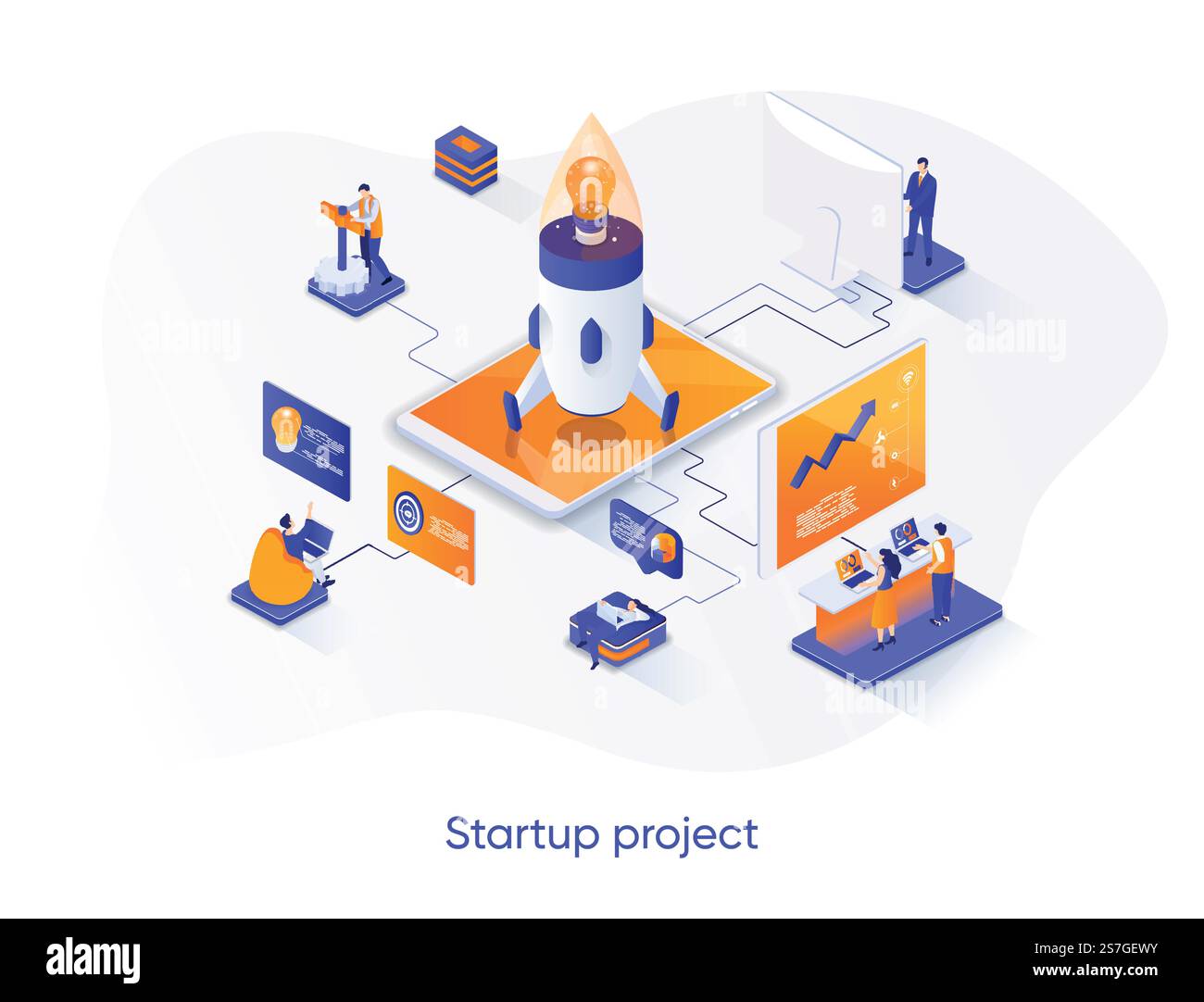Startup project isometric web banner. Team of startup founders ...