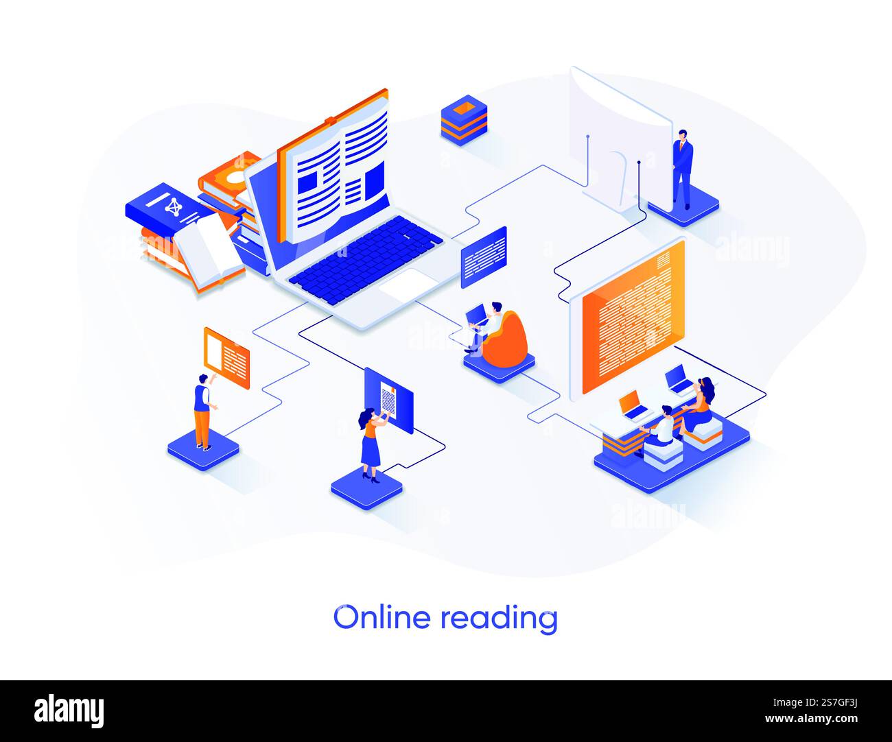 Online reading isometric web banner. Distance education and knowledge ...