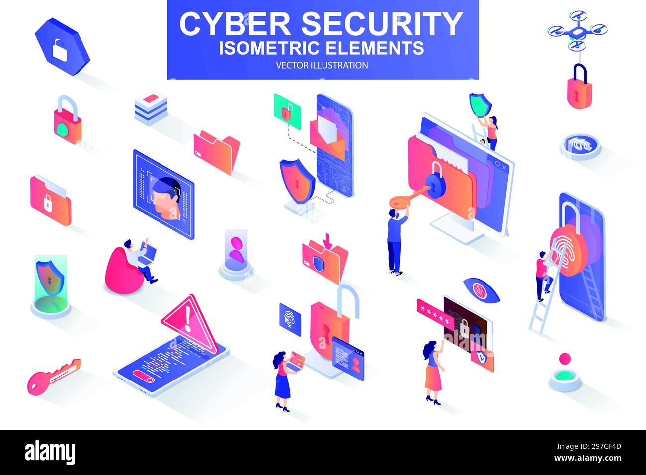 Cyber security bundle of isometric elements. Fingerprint scanner, padlock, password, firewall ...