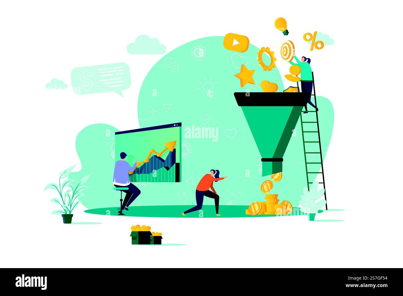 Marketing funnel concept in flat style. Marketers processing data scene ...