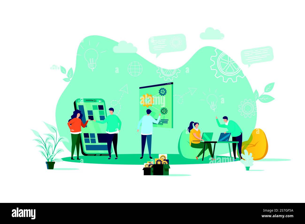 Coworking concept in flat style. Team members together work in ...