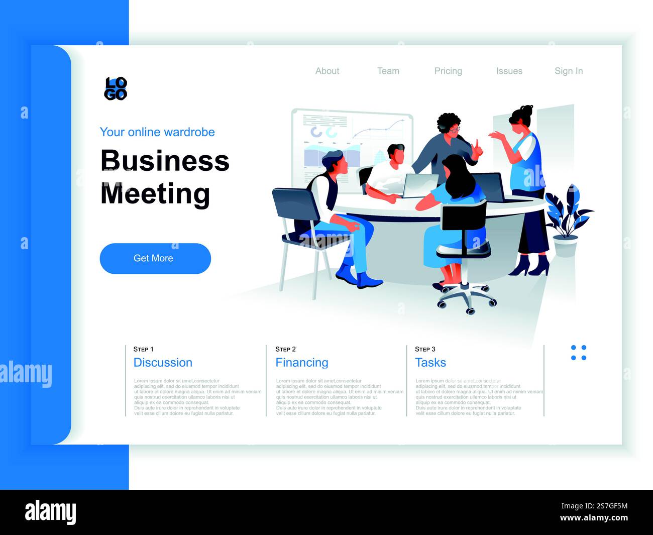 Business meeting isometric landing page. Team of colleagues discussing ...
