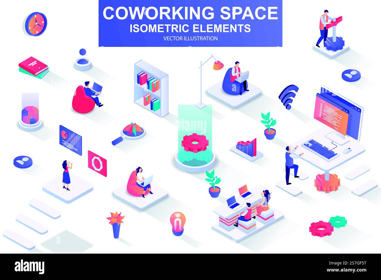 Coworking space bundle of isometric elements. Freelancer work with ...