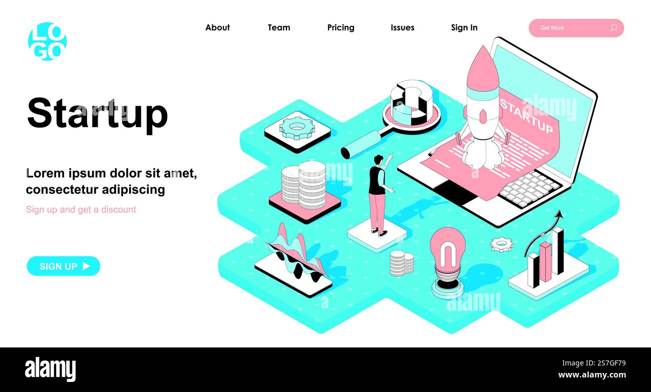 Startup isometric concept. Man starts new business, online project ...