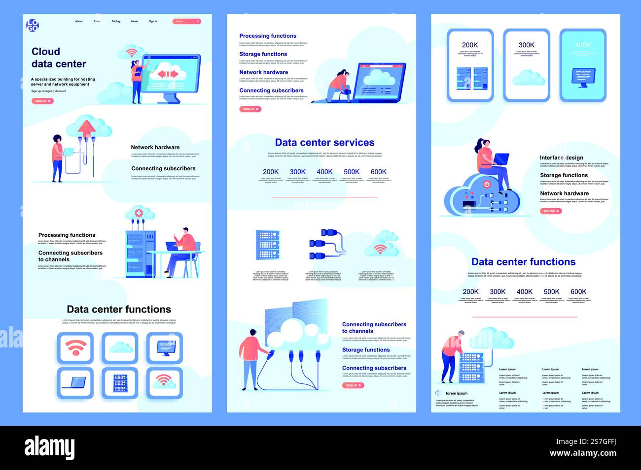 Cloud data center flat landing page. Database storage, online computing resources corporate ...