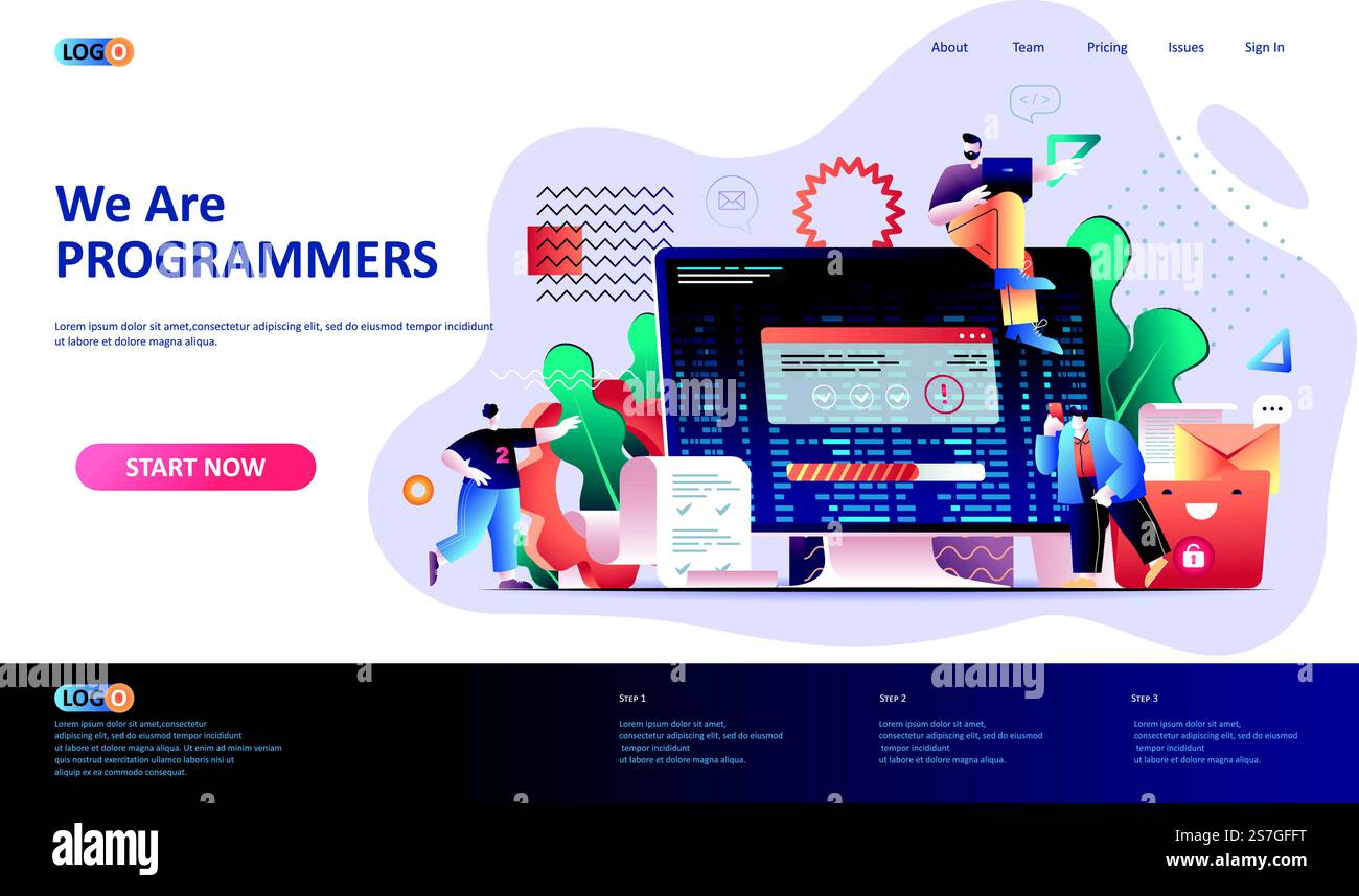 Programming software flat landing page template. Full stack software development, engineering ...