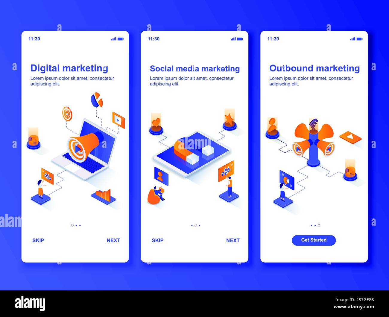 Social media marketing isometric GUI design kit. Digital technology ...