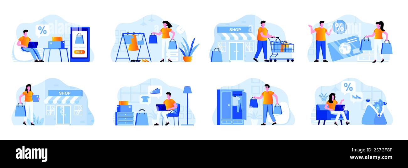 Shopping scenes bundle with people characters. Shopper carry shopping ...