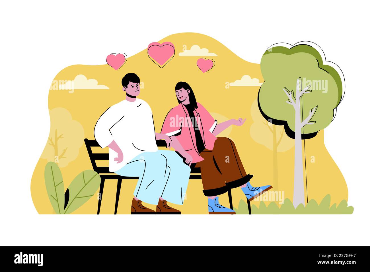 Caring for each other concept. Happy loving couple talks sitting on ...