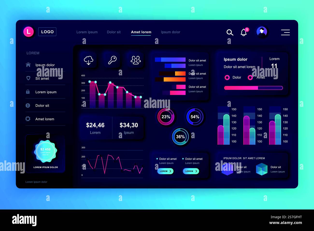 Neumorphic dashboard UI kit. Admin panel vector design template with ...