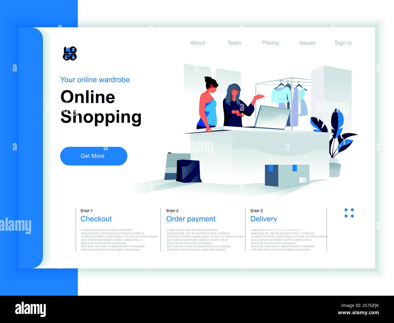 Online shopping isometric landing page. Marketer showing goods to ...