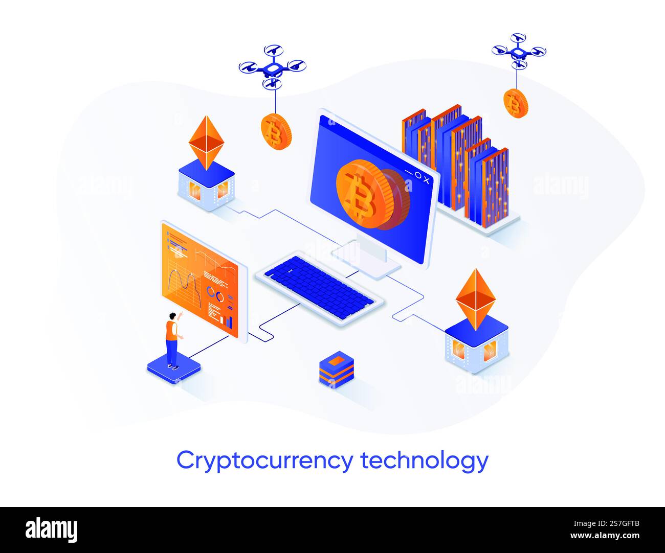 Cryptocurrency technology isometric web banner. Cryptography and blockchain fintech solution ...