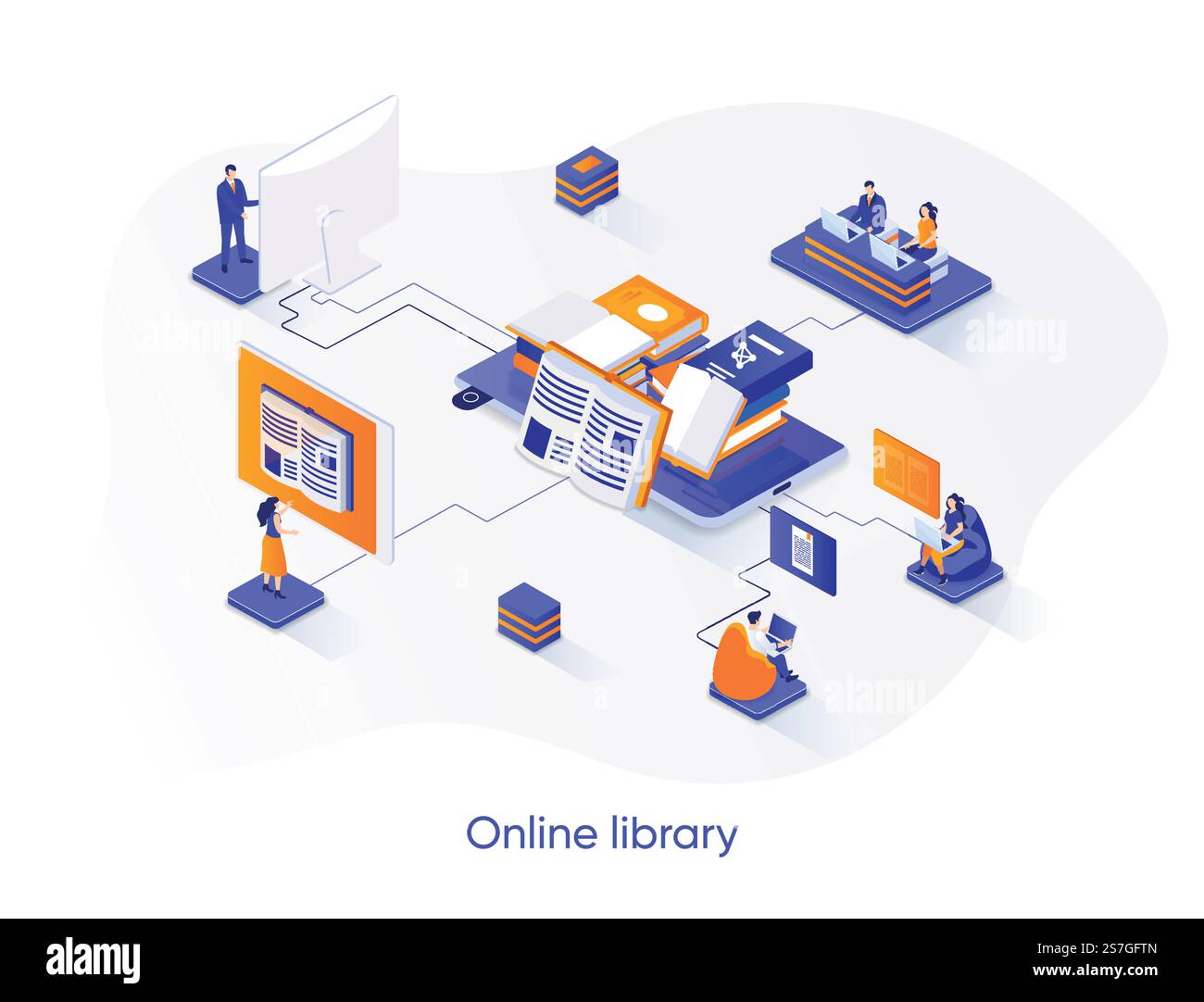 Online library isometric web banner. E-library application isometry ...