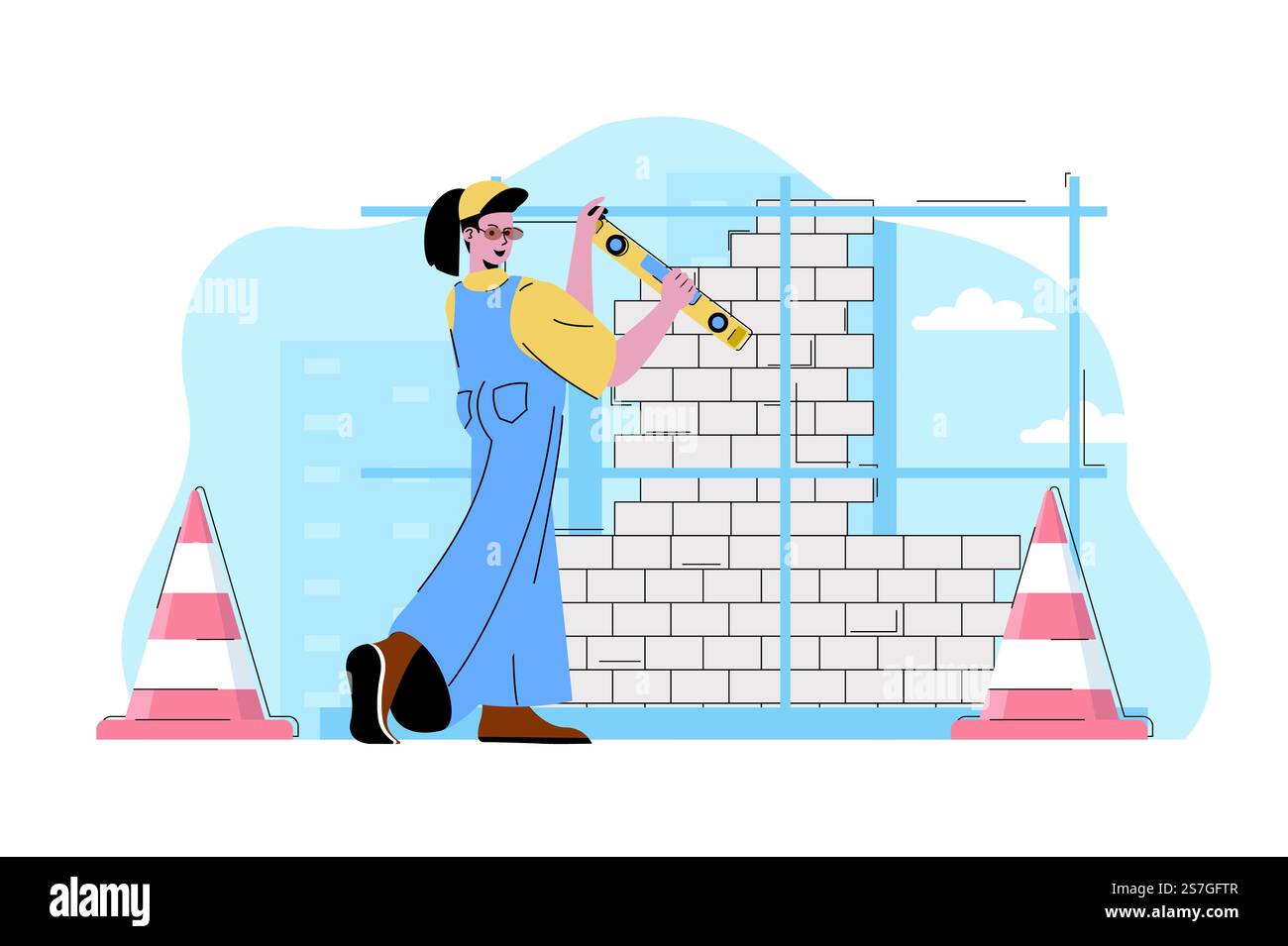 Skyscraper construction concept. Woman builder working on building site ...