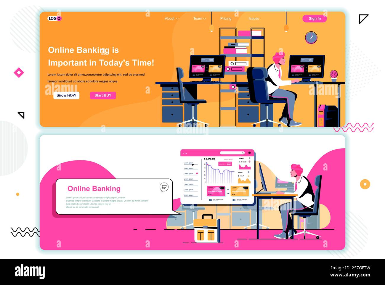 Online banking landing pages set. Financial accounting and payment ...