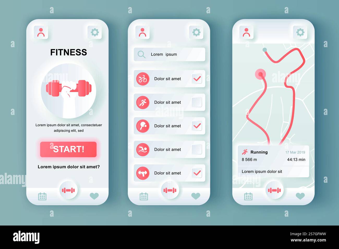Fitness monitor unique neumorphic design kit for mobile app. Personal ...