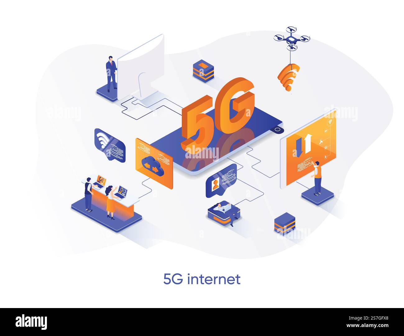 5G Internet isometric web banner. Mobile telecommunication system ...
