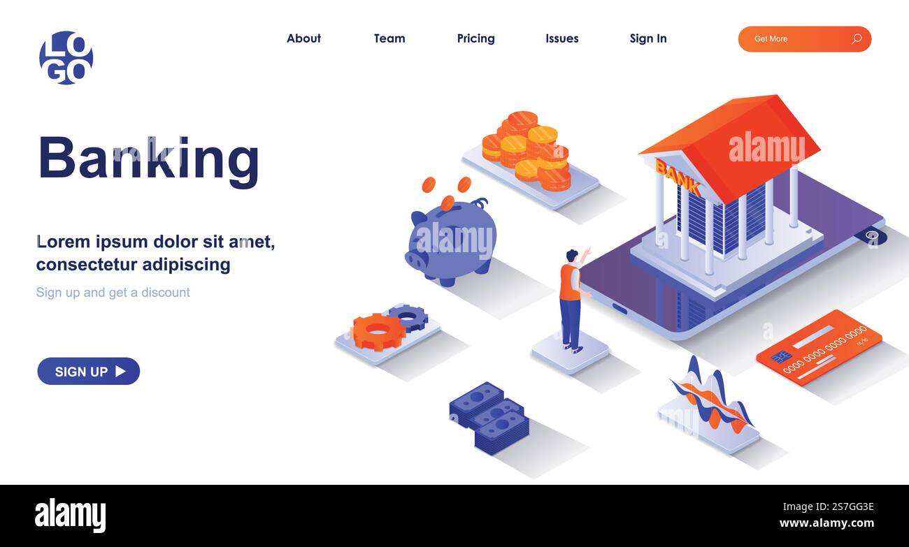 Banking isometric landing page. Bank financial services isometry concept. Accounting ...