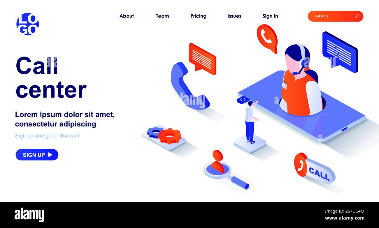 Call center isometric landing page. Customer support isometry concept. Hotline operator in ...