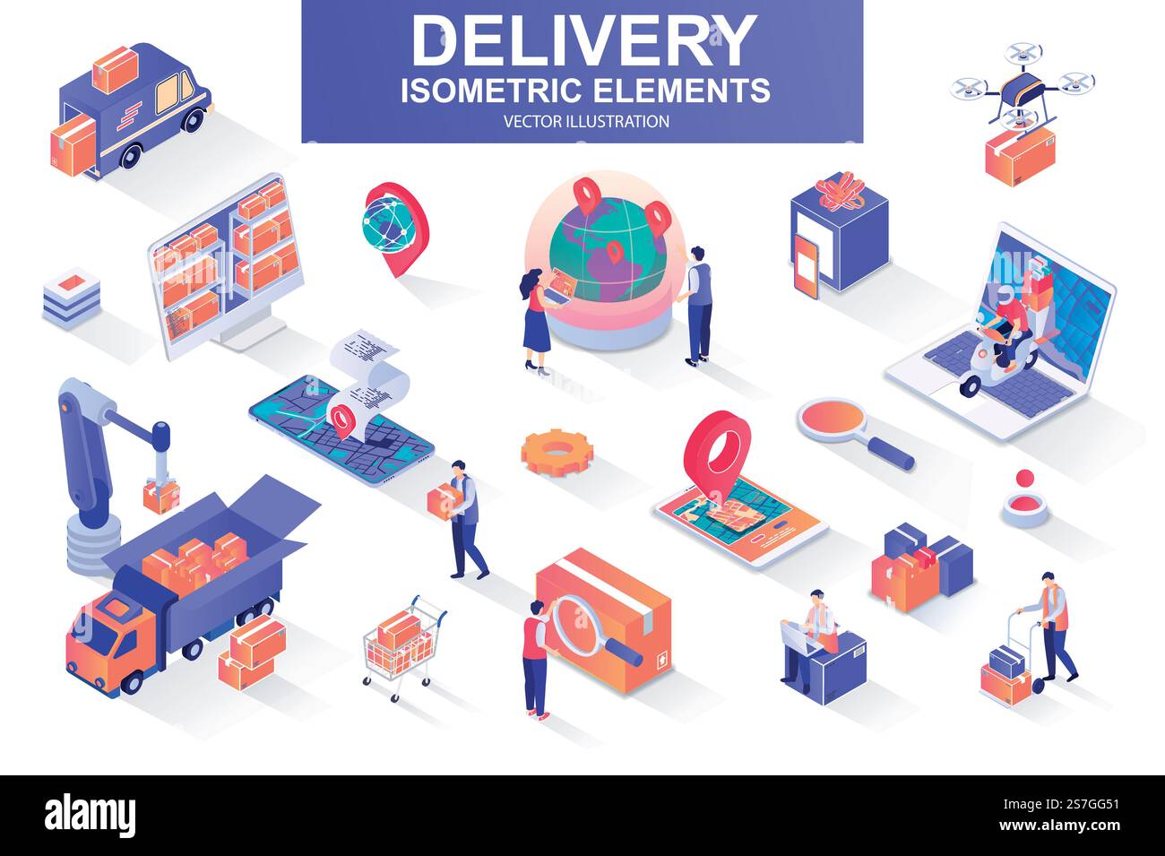 Delivery service bundle of isometric elements. Courier on scooter ...