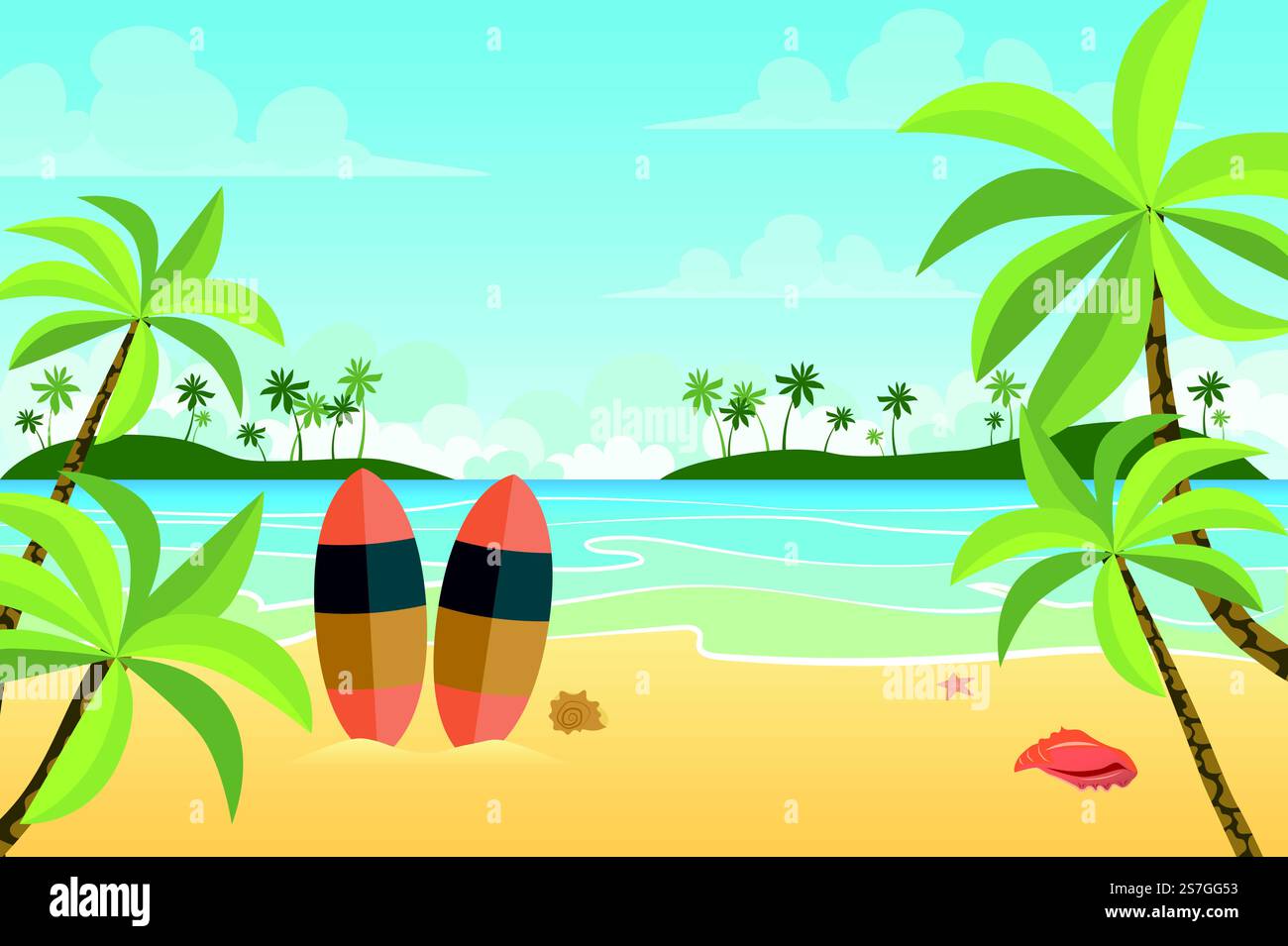 Tropical beach with surfboards landscape background in flat style ...