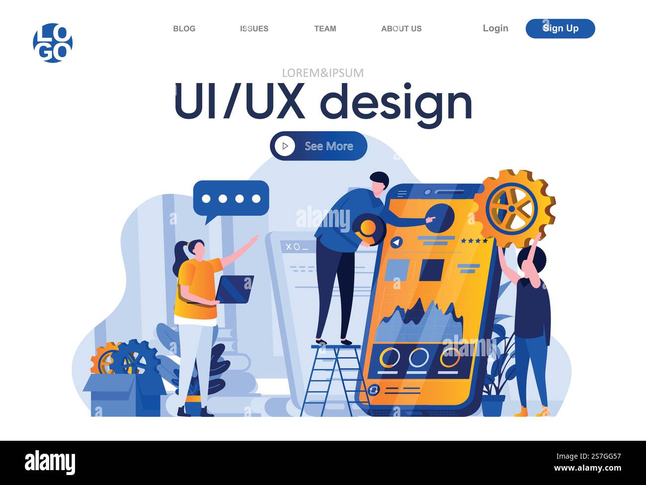 UI UX design flat landing page. Developers team together creating interface of mobile ...
