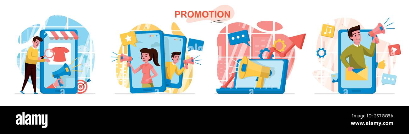 Promotion concept scenes set. Marketing team attracting buyers, makes ...