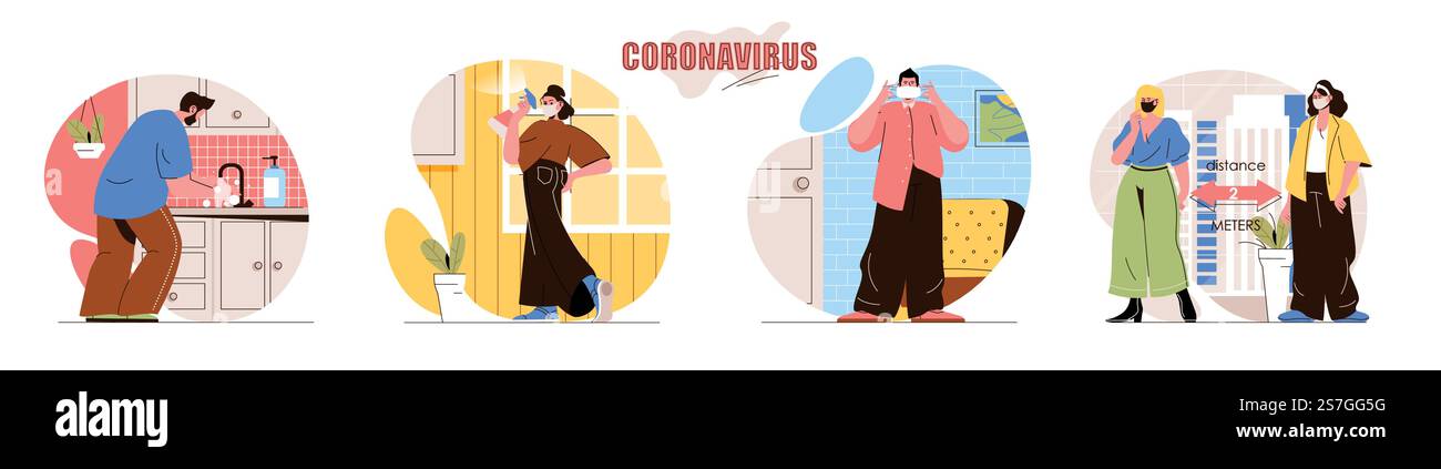 Coronavirus concept scenes set. Prevention methods, disinfection ...