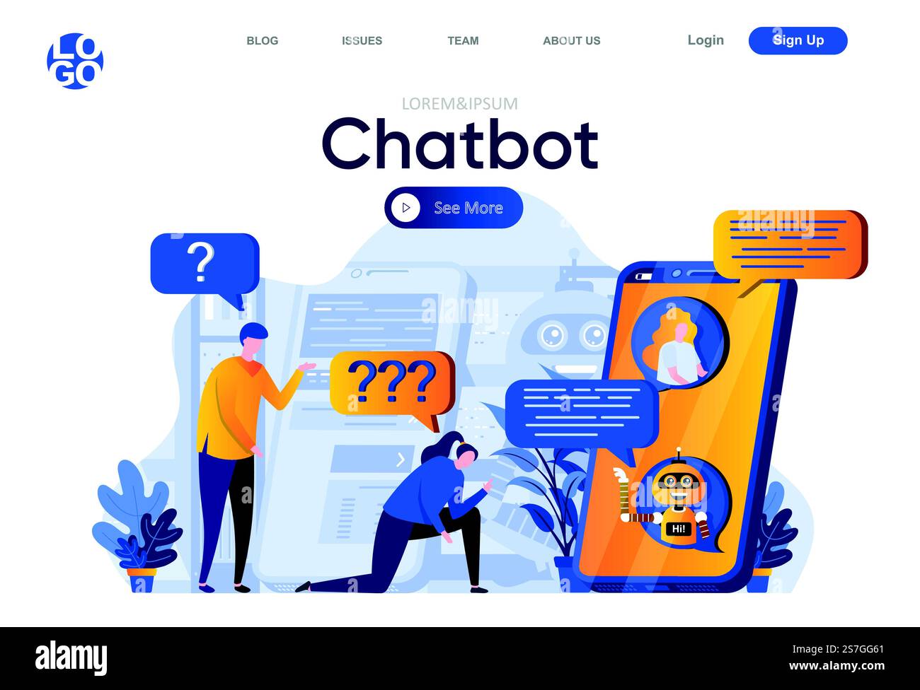 Chatbot flat landing page. People chatting with chatbot, virtual ...