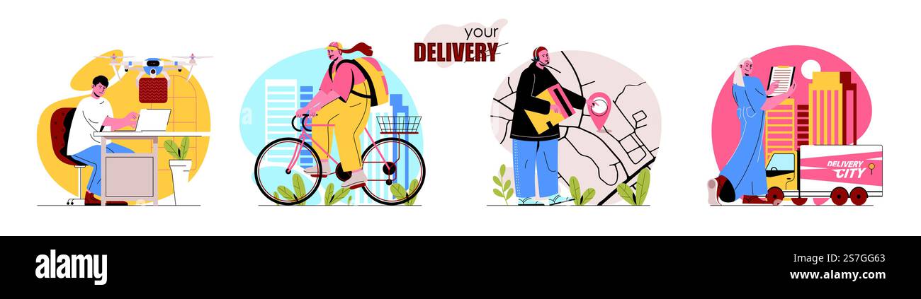 Delivery concept scenes set. Courier delivers purchase home, drone ...