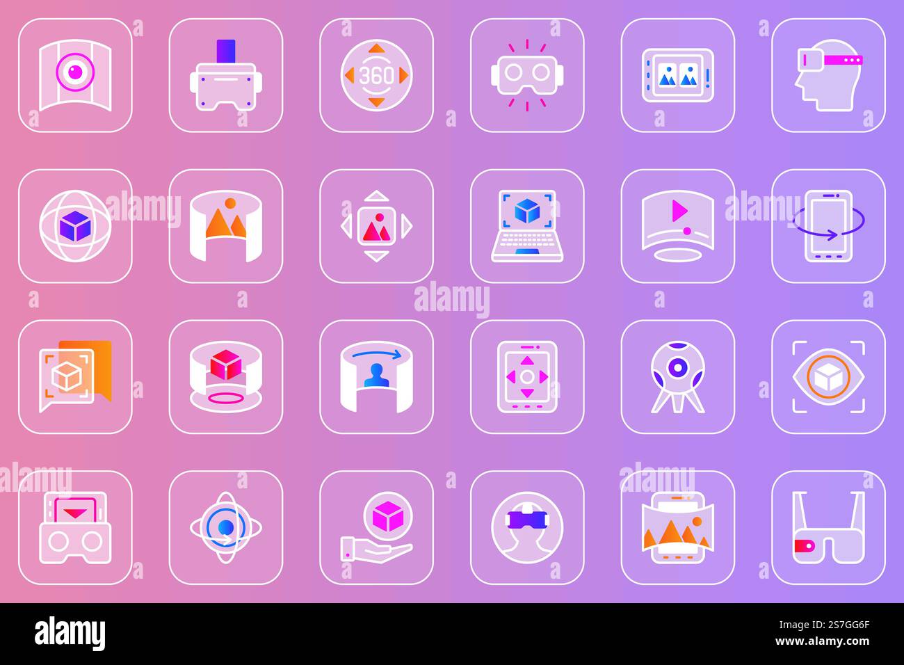 Virtual reality web glassmorphic icons set. Pack outline pictograms of ...