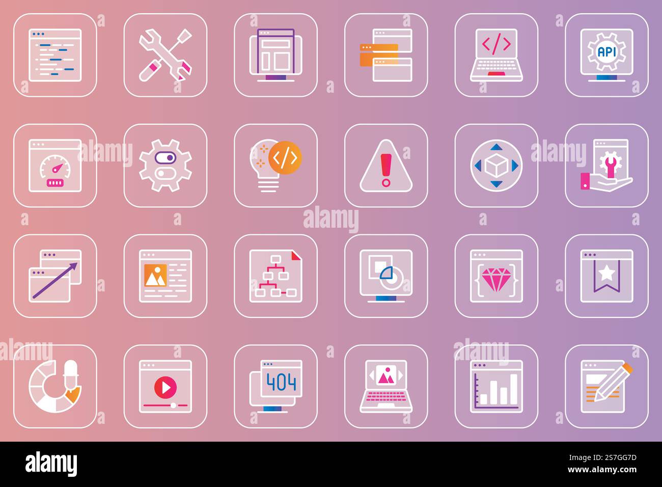 Web development glassmorphic icons set. Pack outline pictograms of settings, code, speed ...