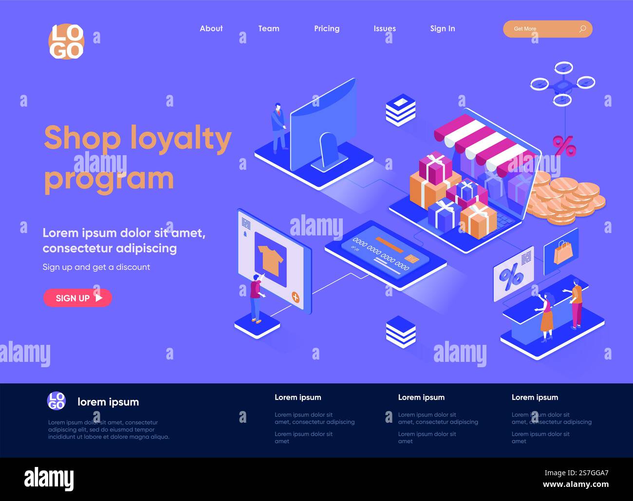 Shop loyalty program isometric landing page. Marketing strategy of attracting and retaining ...