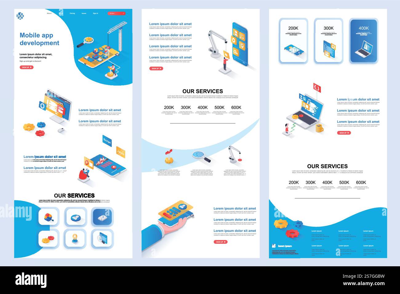 Mobile app development isometric landing page. Smartphone app construct ...