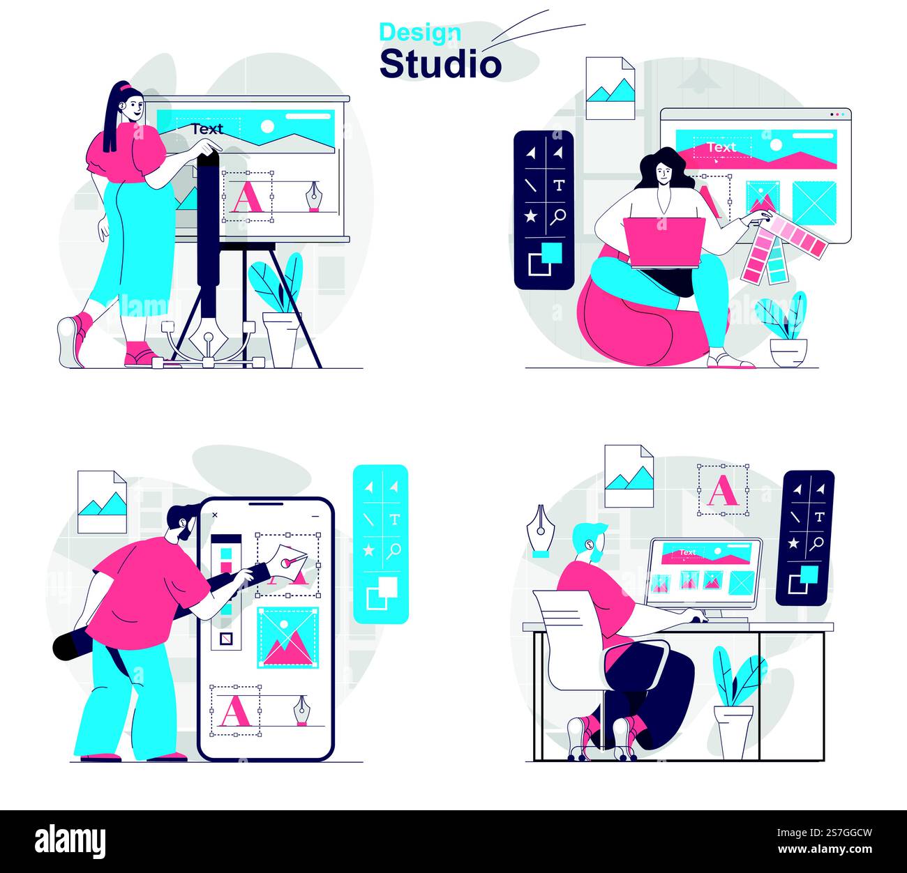 Design studio concept set. Designers draw images, layout elements ...