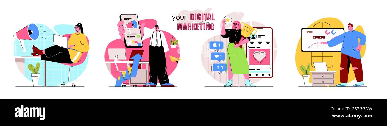 Digital marketing concept scenes set. Marketers make advertising ...