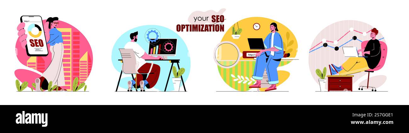 Seo optimization concept scenes set. Search settings, data analysis, increase traffic, marketing ...