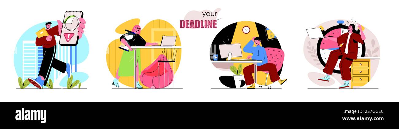 Deadline concept scenes set. Busy office workers do work tasks, nervous ...