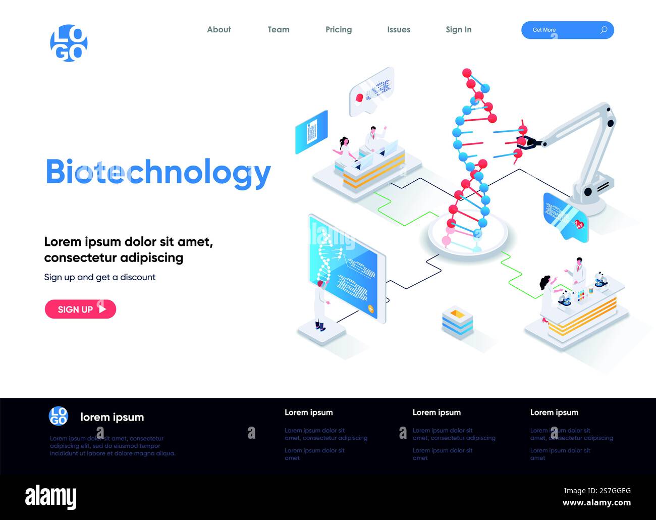 Biotechnology isometric landing page. DNA sequence cloning and recombination isometry web page ...