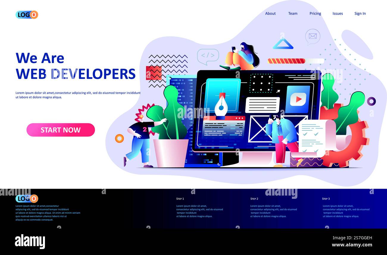 Web development flat landing page template. Website construct, prototyping and programming web ...