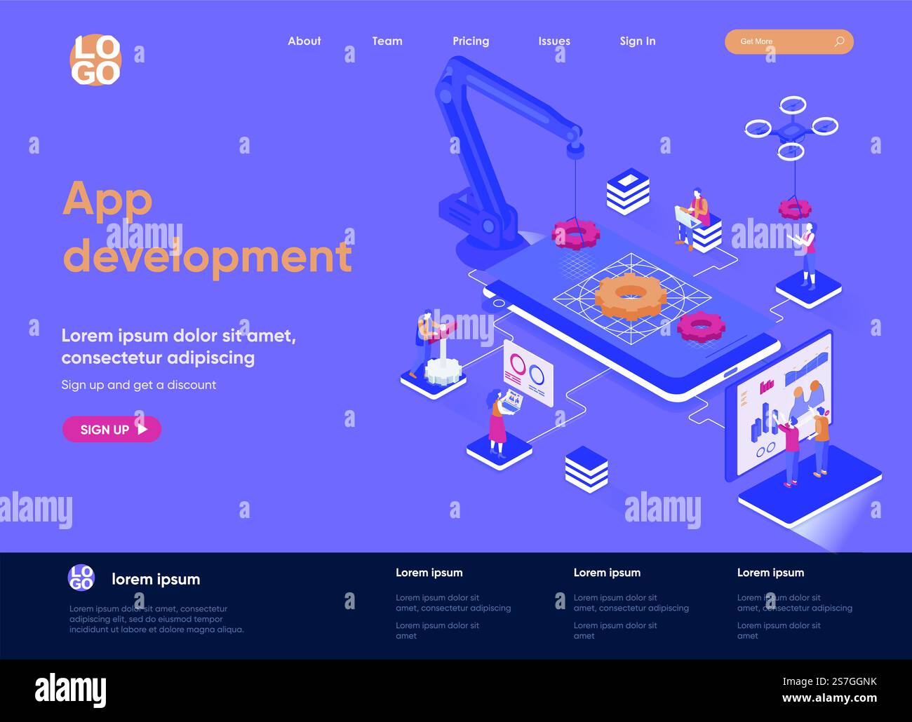 App development isometric landing page. UI UX design, prototyping ...